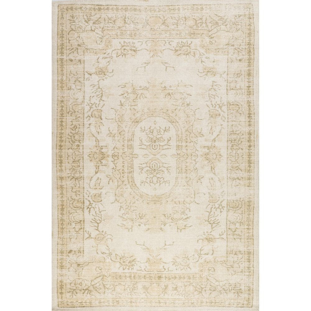 RUGS USA Castellan Medallion Wool Cotton Beige 9 ft. x 12 ft. Indoor ...