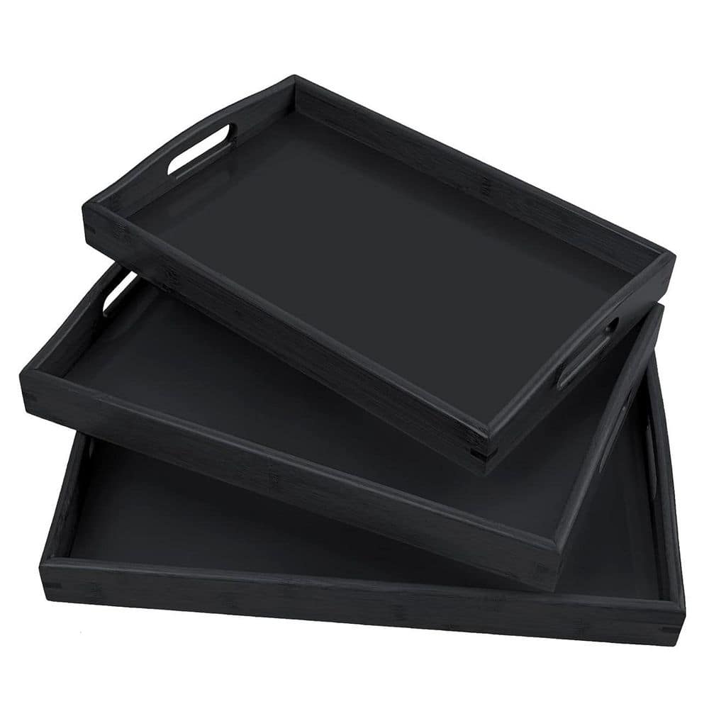 17 in. x 12 in. x 3 in. 3-Pack Black Bamboo Serving Trays with Handles ...