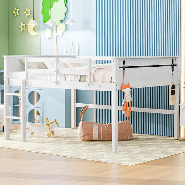 Harper & Bright Designs Distressed Style White Full Size Wood Low Loft Bed with Hanging Clothes ...