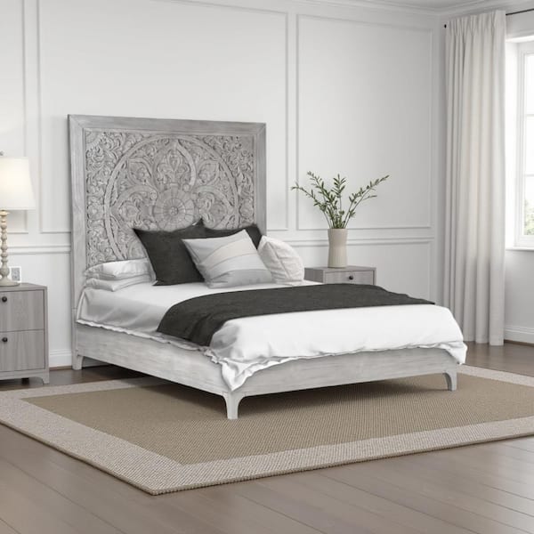Benjara Gray Wood Frame Full Size Platform Bed with Headboard BM299556 ...