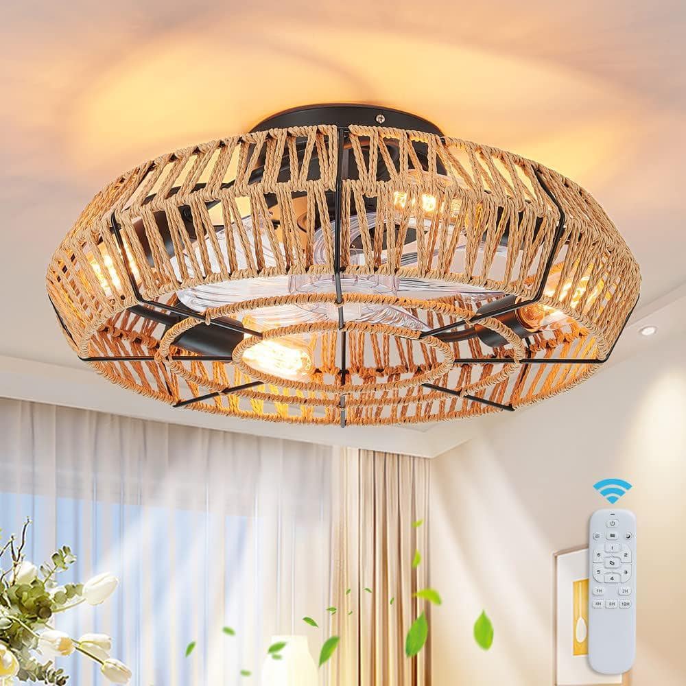 Deyidn 19.69 in. Indoor Hemp Rope Ceiling Fan Light Brown with Light ...