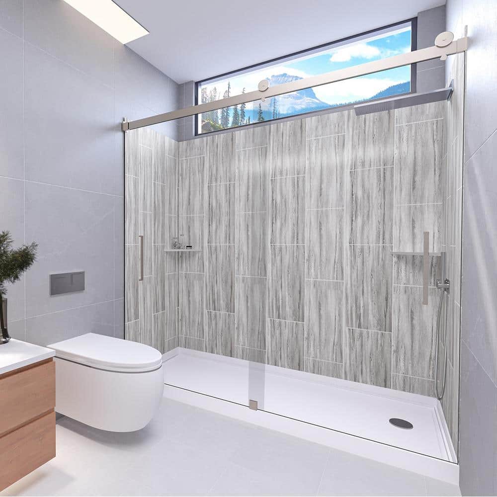 NuVo Driftwood-Tetherow 60 in. x 30 in. x 83 in. Base/Wall/Door Rectangular Alcove Shower Stall ...