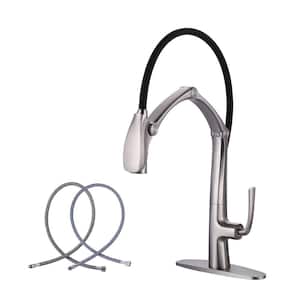 WOWOW Single Handle Deck Mount Gooseneck Pull Down Sprayer Kitchen Faucet in Brushed Nickel ...