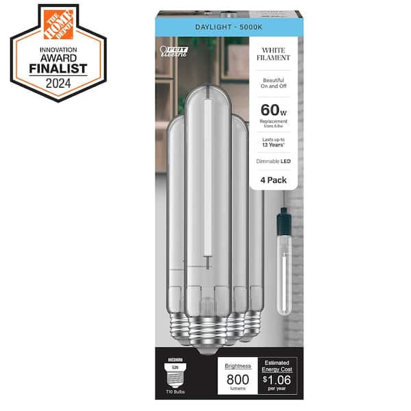 Feit Electric 60-Watt Equivalent T10L Dimmable Straight White Filament Clear E26 Vintage Edison ...