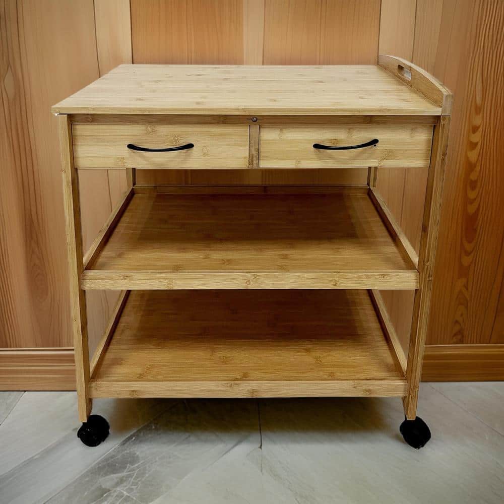 Benjara Walter Brown Bamboo Kitchen Bar Cart with 2-Drawers and 2 ...
