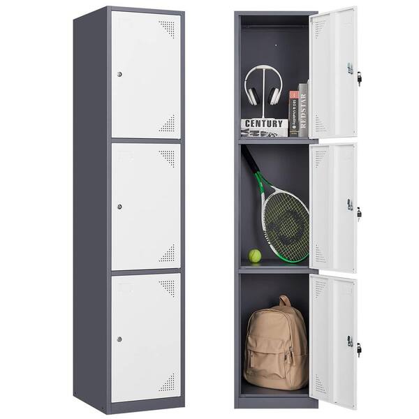 3-Tier Metal Locker, Locker Storage Cabinet with Keys(Grey White ...