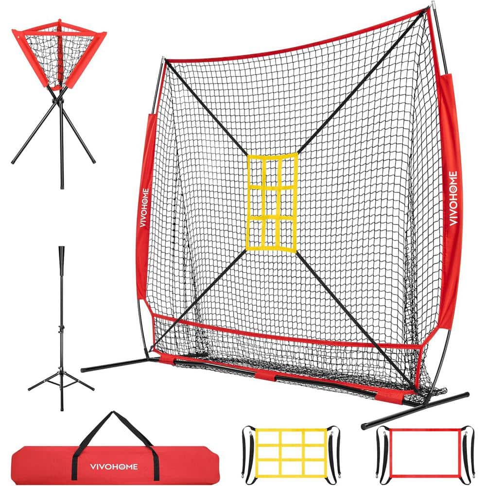 VIVOHOME 7 ft. x 7 ft. Red Baseball Softball Hitting Net with Large ...