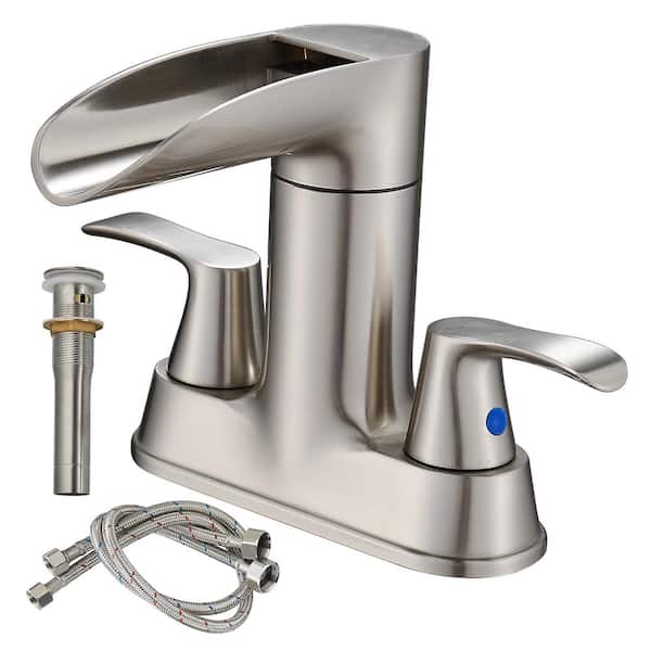 Heemli Rotatable 4 in. Centerset Double Bathroom Faucet with Drain kit Included Waterfall ...