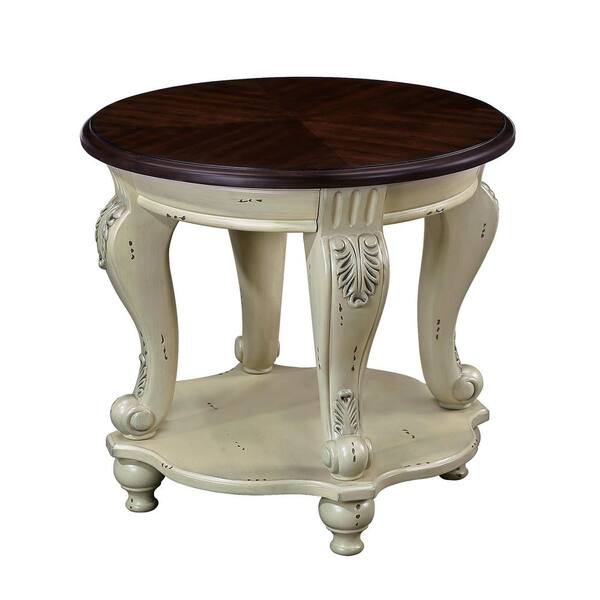 Cesicia Two Tone 22 in. Beige and Espresso Top Round Solid Wood End ...
