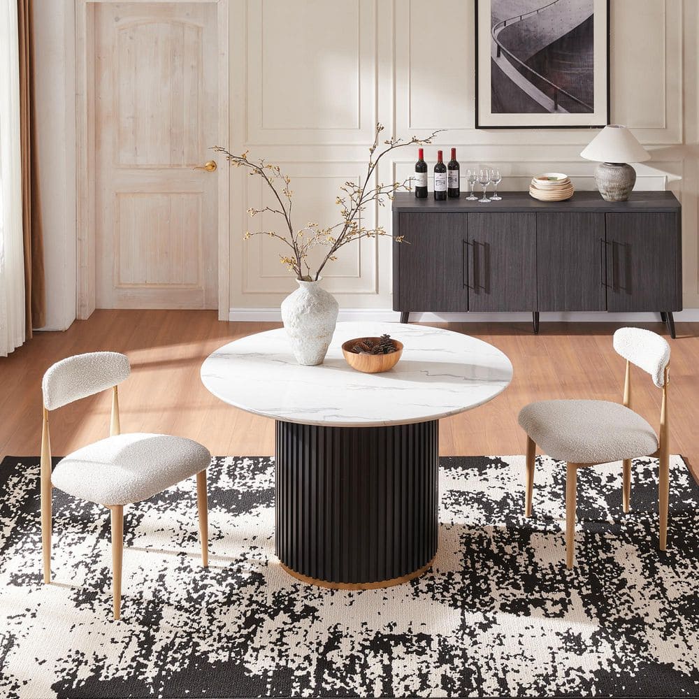 Morden Fort Modern 3-Piece Faux Marble Dining Table Top with Boucle ...