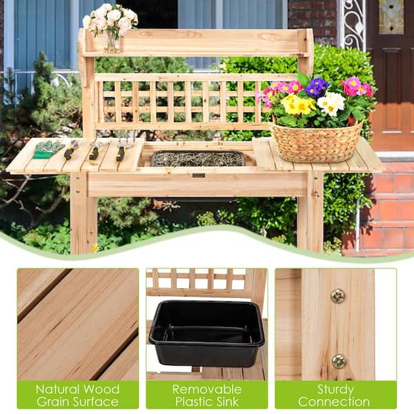 Costway Wood Garden Work Bench with Removable Bowl Sliding Tabletop