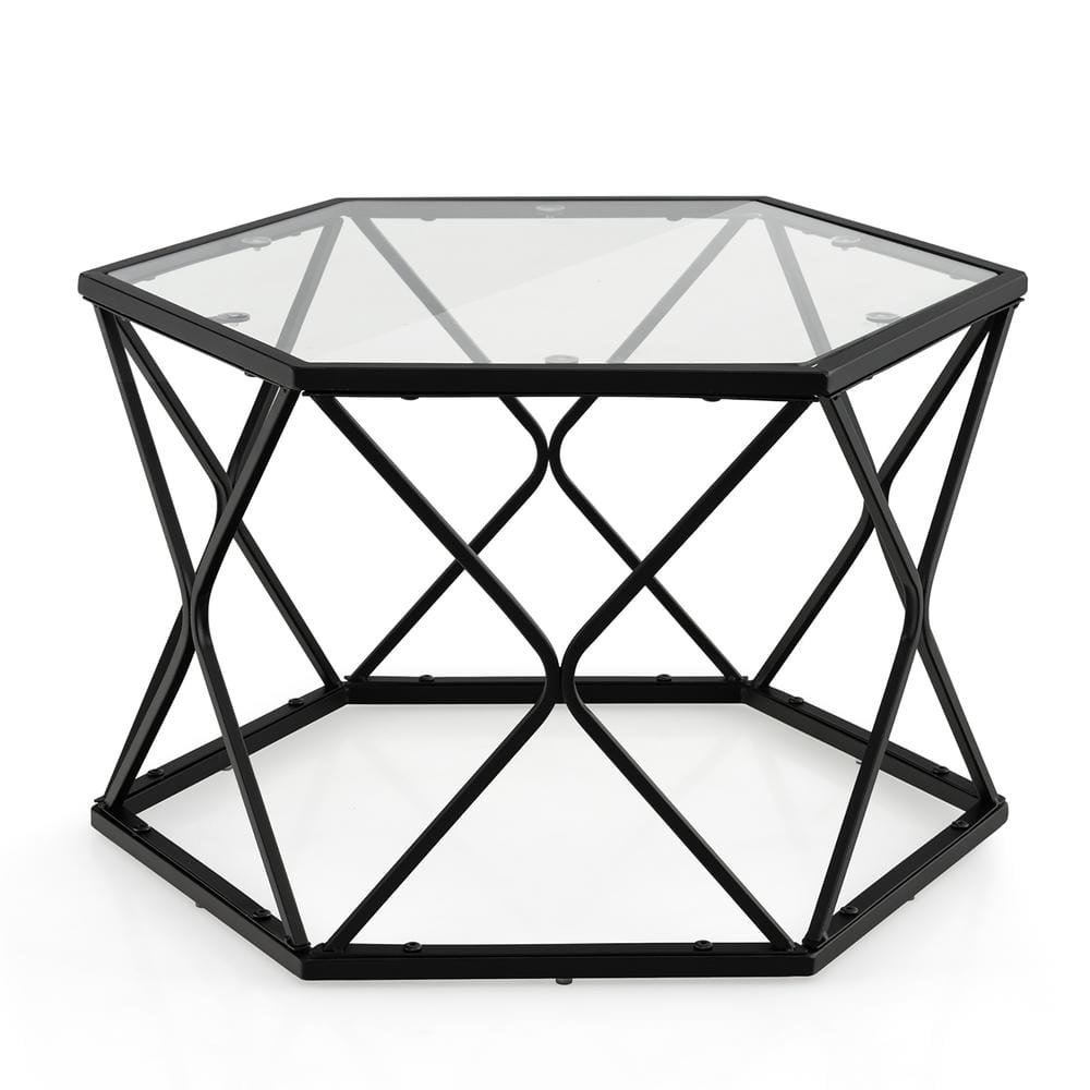 Costway 25.5 in. Black Hexagon Geometric Glass Modern Coffee Table With Tempered Glass Top and ...
