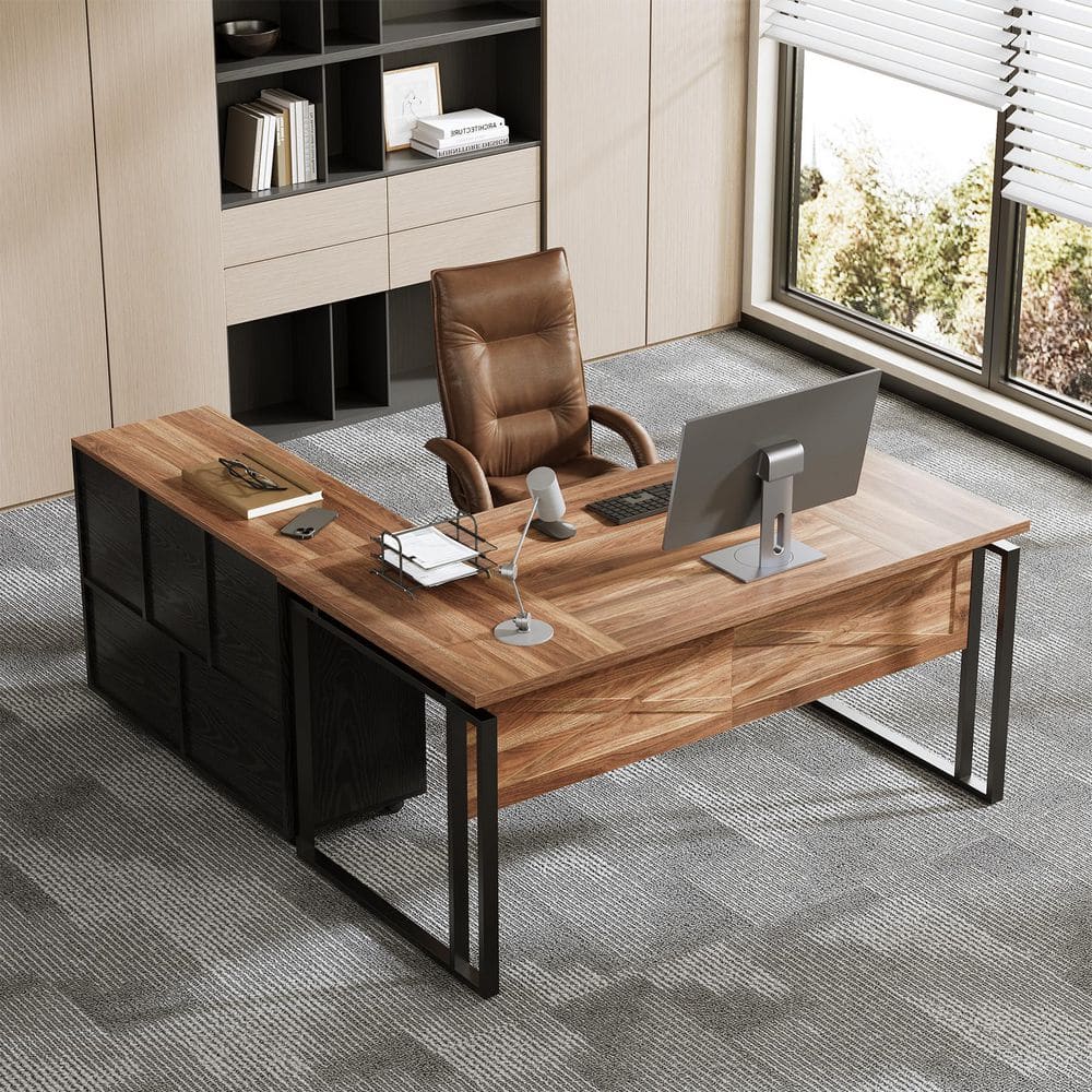 BYBLIGHT 63 in. L Shaped Brown Engineered Wood 2-Drawer Executive Desk ...