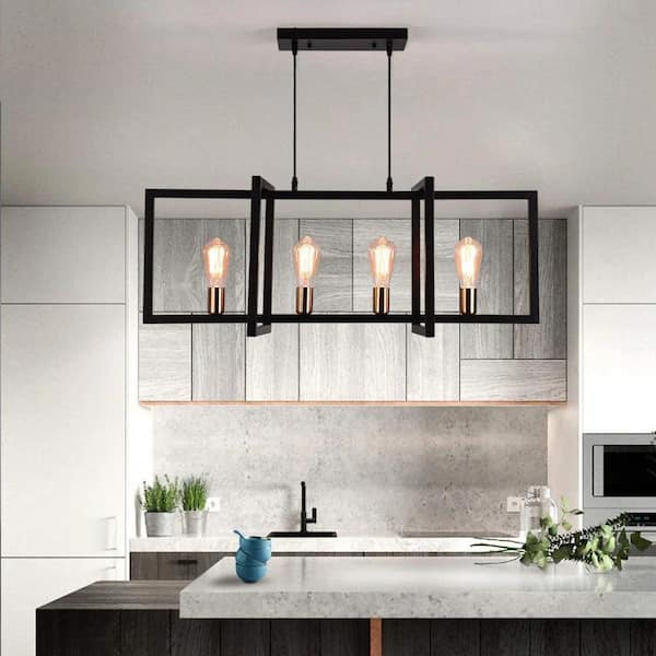 Genoci 60-Watt 4-Light Rectangle Black Pendant Light with No Bulbs ...