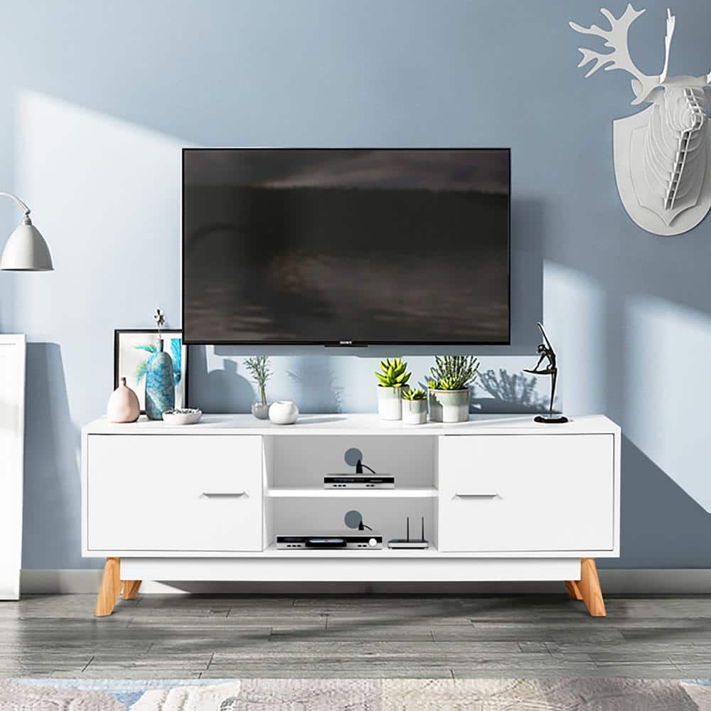 Clihome 55 in. White TV Stand with 2-Storage Cabinets and 2-Open ...