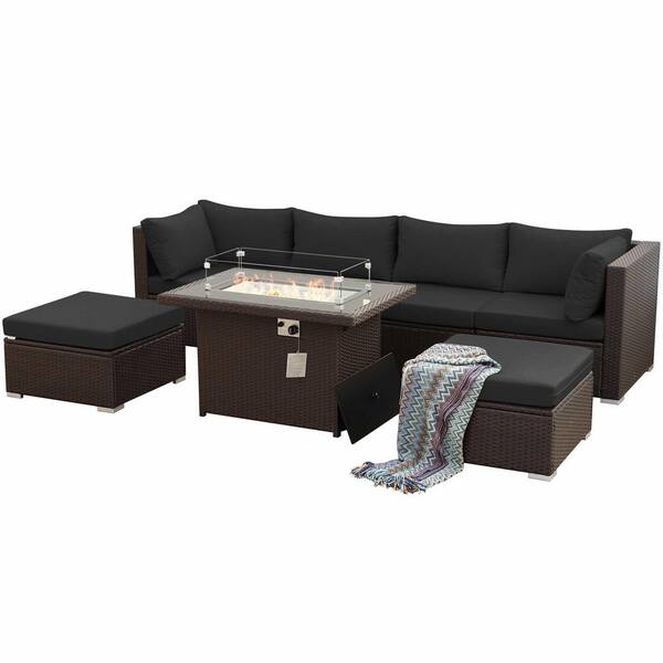 FINCATI Large Espresso 7 Piece Wicker Patio Fire Pit Conversation ...