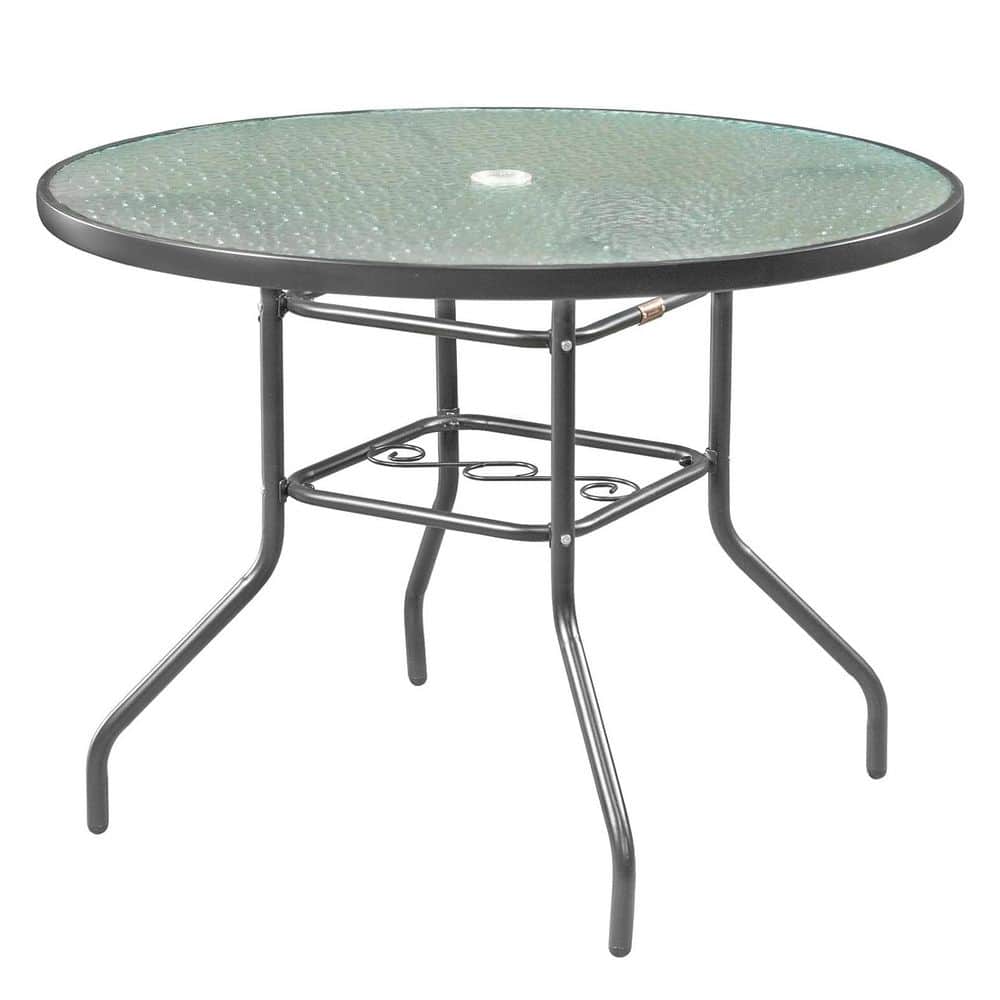 40 in. Grey Round Metal Outdoor Dining Table With Umbrella Hole ...