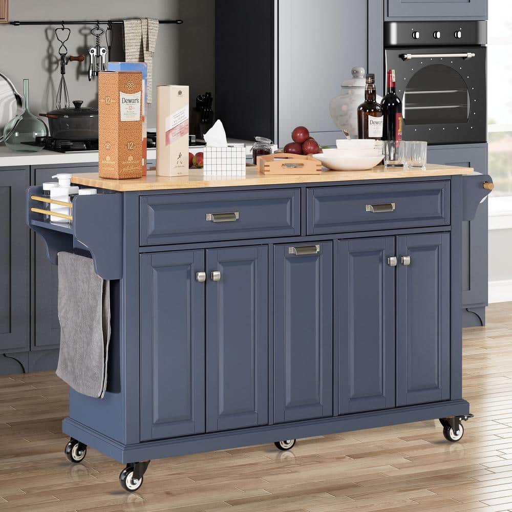 Blue Rubber Wood Kitchen Cart with 4 Door Cabinet,3-Drawers, Spice Rack ...