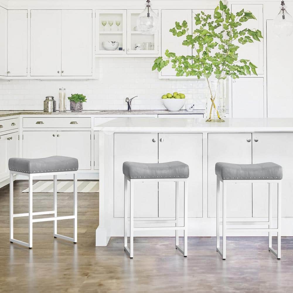 LUE BONA 24 in. Light Gray Brown Metal Counter Stool with Faux Leather ...