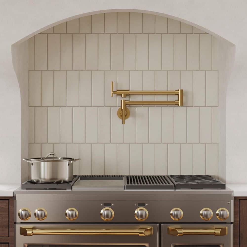 GRANDJOY 25 in. Wall-Mount Double Handles Pot Filler Faucet Kitchen Faucet with Dual Swing Arms ...