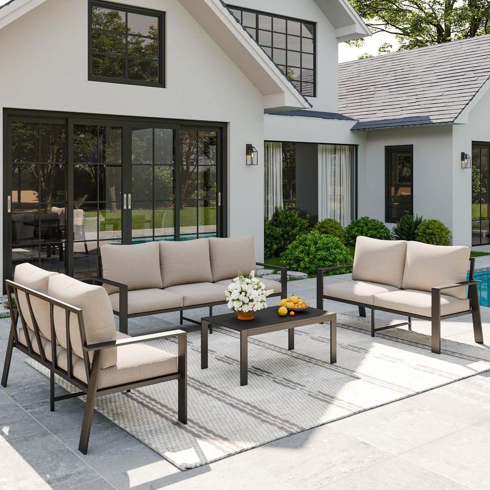 Poteban Gray Aluminum Frame 4-Piece 7-Person Outdoor Conversation Set ...