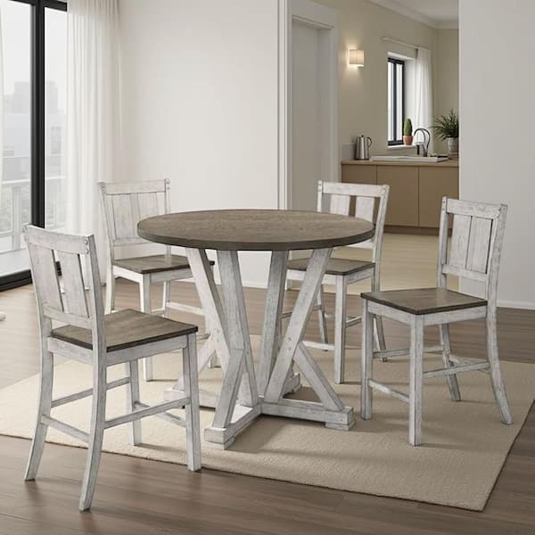 Benjara Koe 36 in. H White and Ash Brown Round Bar Table Seats 4 ...