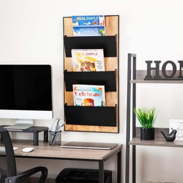 3-Tier Black 32. 5 in. x 16 in. Wood and Metal Wall-Mounted Storage ...
