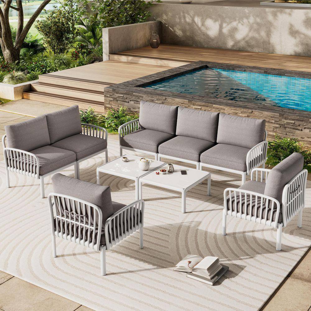 Tenleaf 9-Piece Plastic Patio Conversation Set with Light Gray Cushions ...