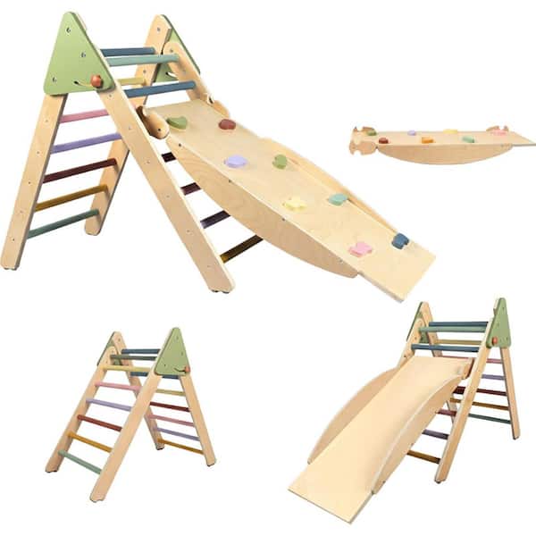 KIWDZFU 4-in-1 Pikler Triangle Climber Set with Ramp and Slide, Wooden ...