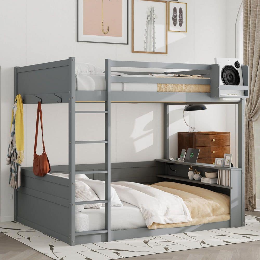 Harper & Bright Designs Gray Queen Size Wood Bunk Bed with Ladder ...