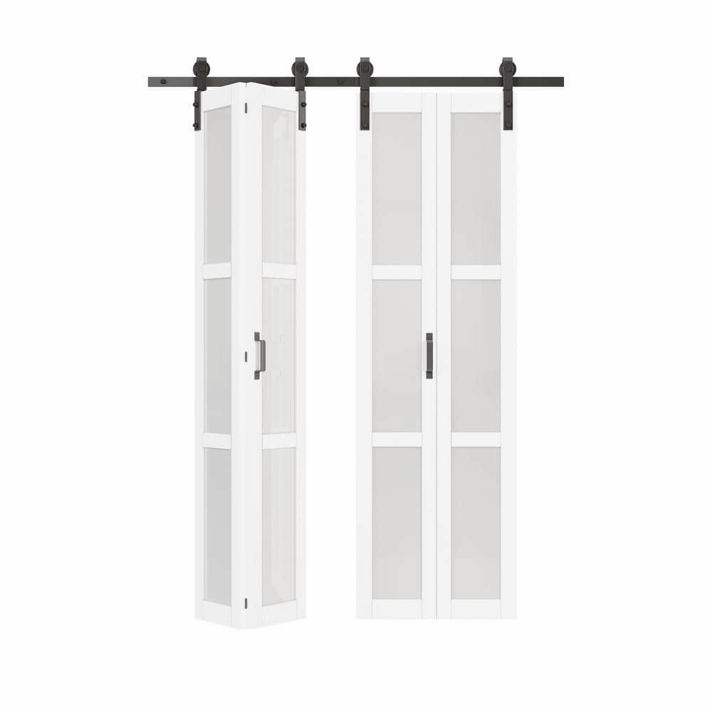ARK DESIGN 50 in. x 84 in. 3-Lite Tempered Frosted Glass White Primed ...