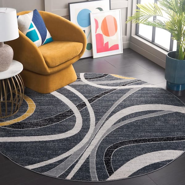 SAFAVIEH Odyssey 7 ft. x 7 ft. Black/Gray Gold Abstract Swirls Round ...