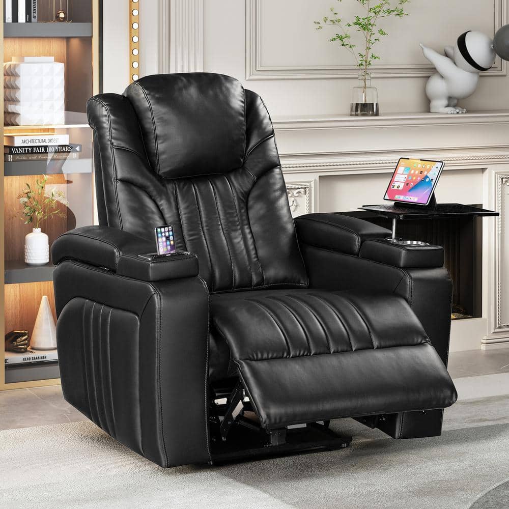 Merax Black Home Theater PU Leather Power Recliner with Adjustable Headrest, Wireless Charging ...