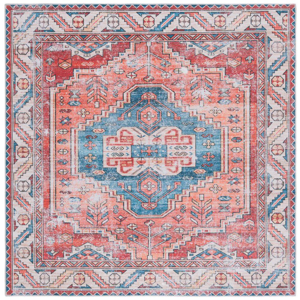 SAFAVIEH Arizona 6 ft. x 6 ft. Red/Blue Machine Washable Medallion ...