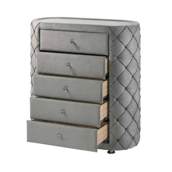 Acme Furniture Perine 5 drawer Gray Upholstered Tufted Chest of Drawers 43 in. W x 19 in. D x 45 in. H BD01066 The Home Depot