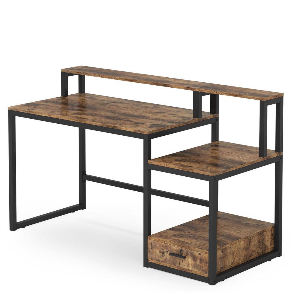 BYBLIGHT Witham 59 in. Retangular Rustic Brown Wood 1-Drawer Computer ...