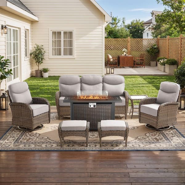 moosprr Moonridge 7-Piece Brown Wicker Fire Pit Conversation Set with 6 ...