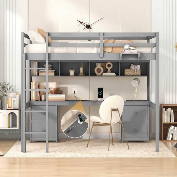 Polibi Full Size Loft Bed with Desk Cabinets Drawers and Bedside Tray Charging Station Gray RS 88213AAEF The Home Depot