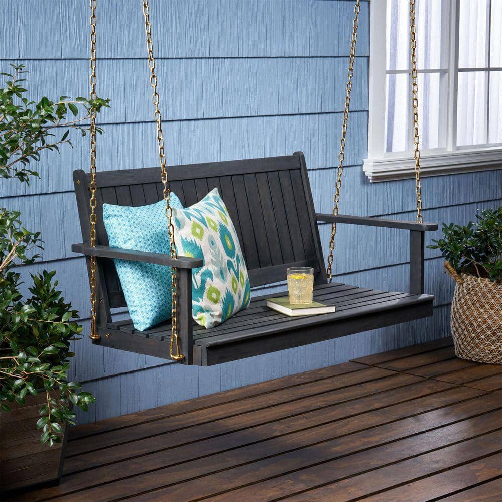 EPIPHANY DOUBLED INC 3-Person Dark Gray Acacia Wood Porch Swing with ...