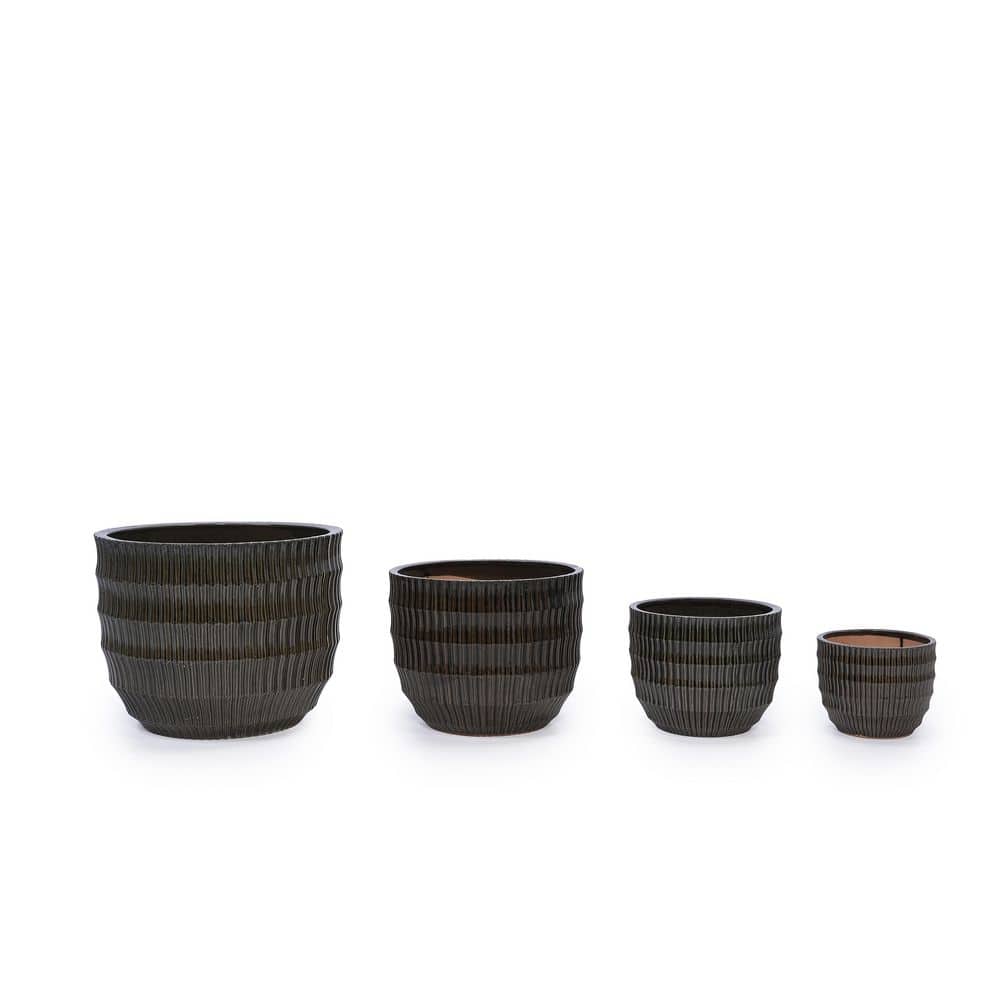 Tenleaf Set of 4 Modern Fluted Ceramic Planters-Glossy Dark Coffee ...