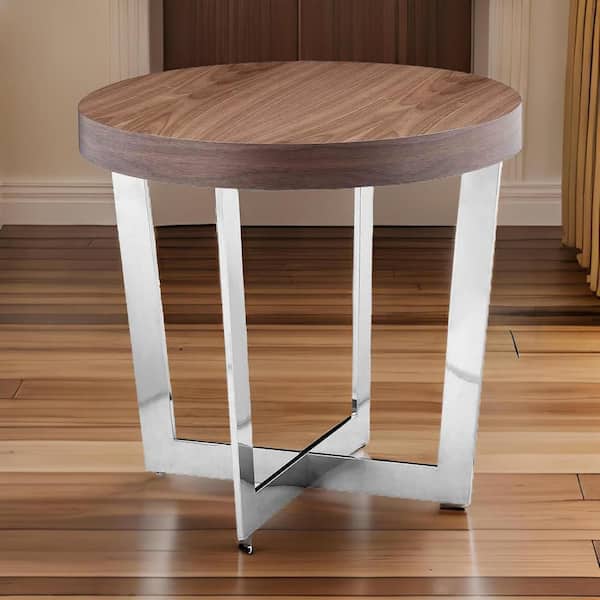 HOME IMPORTS EMPORIUM 24 in. Walnut and Chrome Round Wood End Table ...