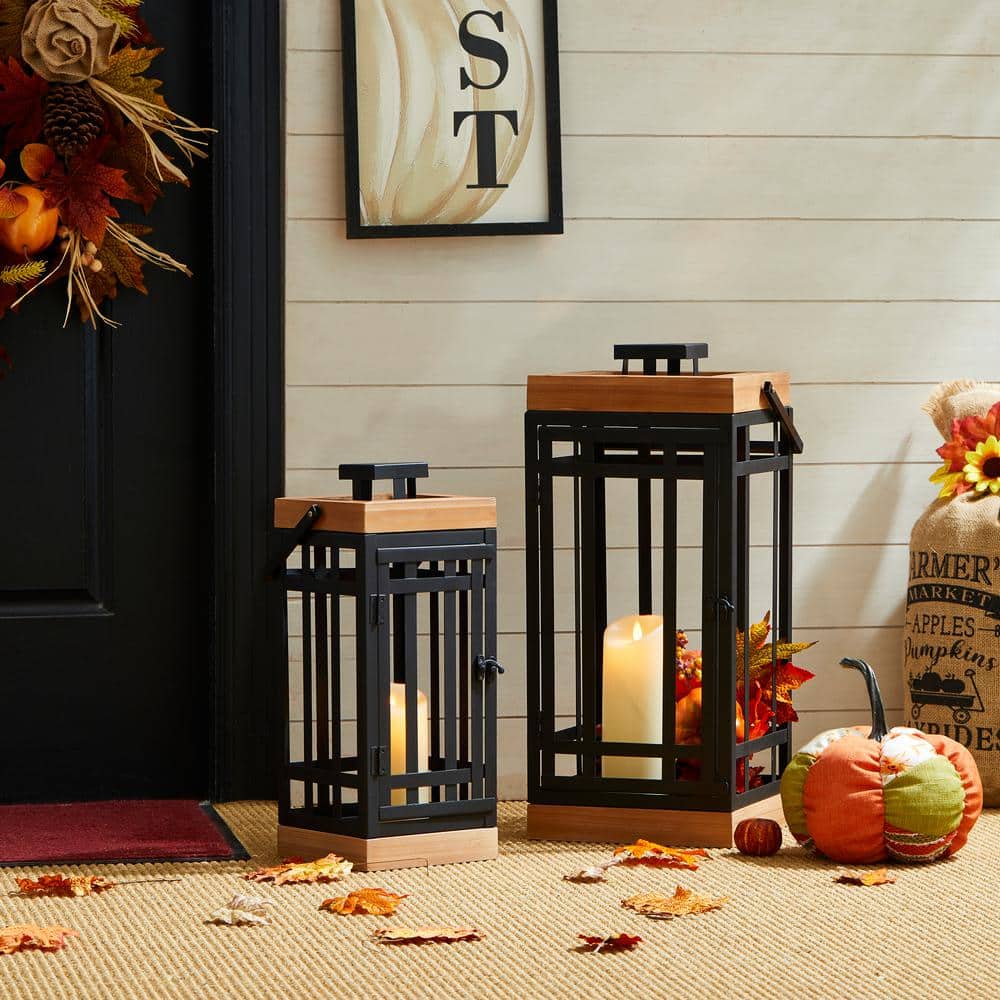 Glitzhome Black Modern Square Metal/Wood Lanterns (Set of 2) 2009000021 ...