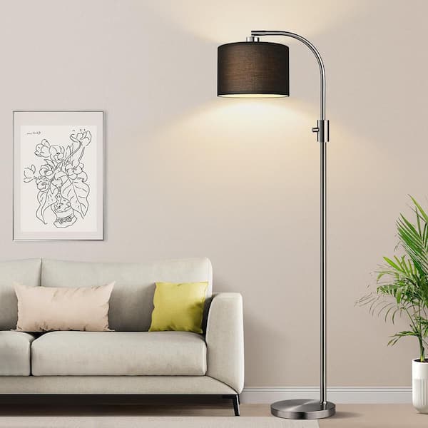 65 in. Silver 1-Light Dimmable Arc Floor Lamp with Linen Shade and 9W ...