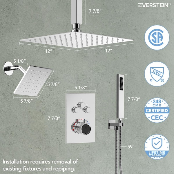 EVERSTEIN Family-Friendly 7-Spray Multiple Press 12 in. Wall Bar Shower ...