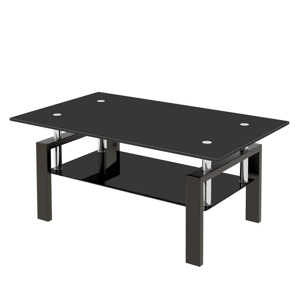 Zeus & Ruta 40 in. Black Tempered Glass Coffee Table, 2-Layers Coffee ...
