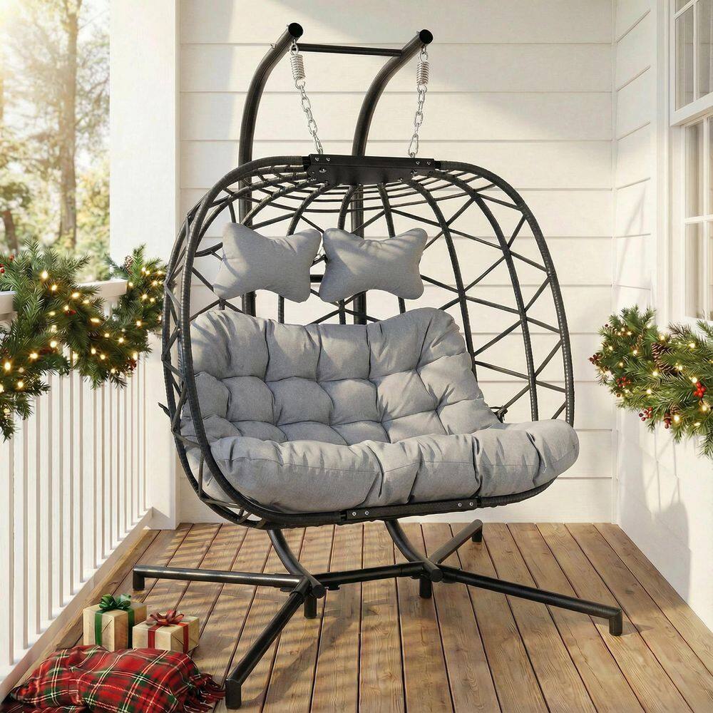 Reviews for FINCATI Oversized 2-Person Charcoal Gray Wicker Double ...