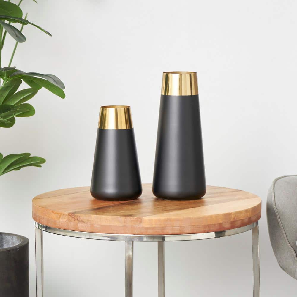 Litton Lane Black Stainless Steel Decorative Vase with Gold Rims (Set ...