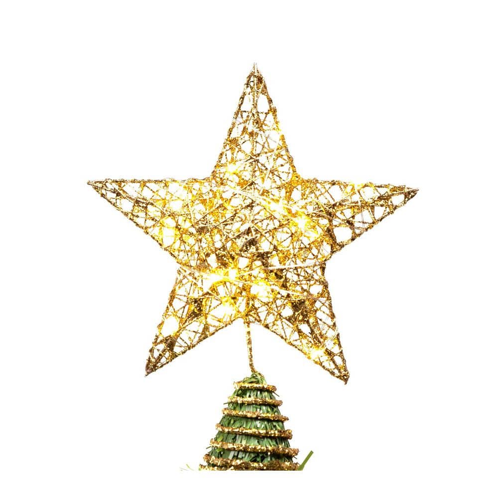 Joyfy 9 in Gold Glitter Star Tree Topper Metal Hallow Tree Star Lighted ...