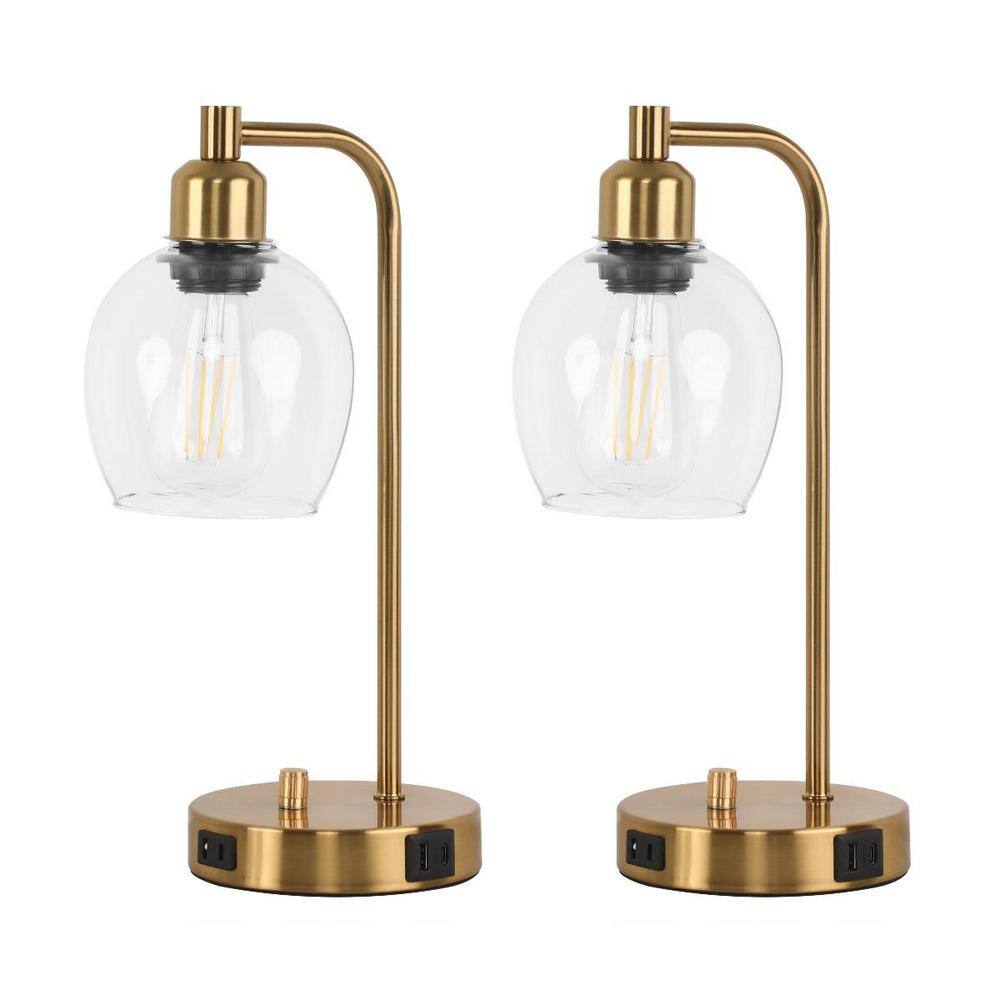 INNOBULE 15 in. Industrial Gold Table Lamp with Glass Shade with USB ...