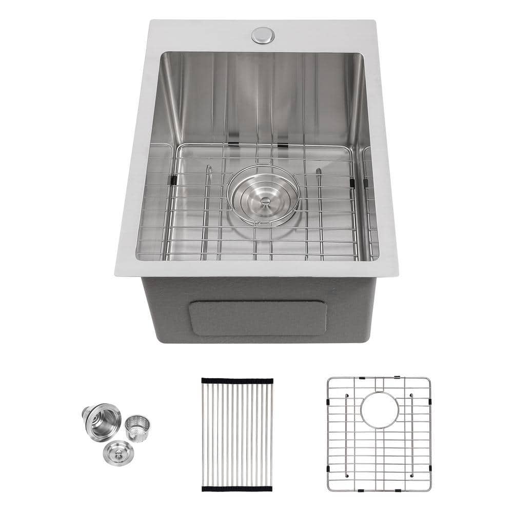 Modland Yunus 15 in. Drop-In Single Bowl 16-Gauge Brushed Nickel Black ...